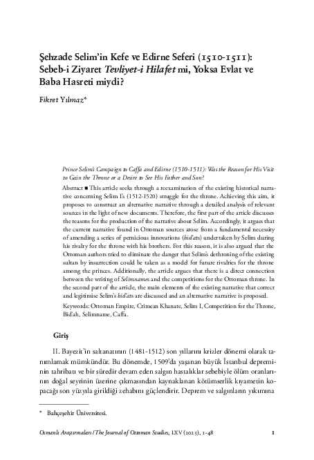 (PDF) Şehzade Selim’in Kefe ve Edirne Seferi (1510-1511): Sebeb-i ...