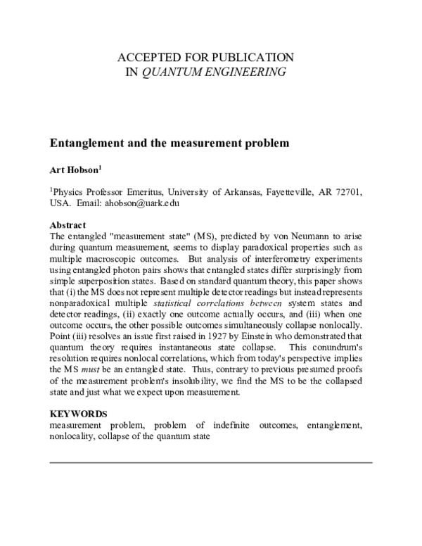 (PDF) Entanglement and the measurement problem
