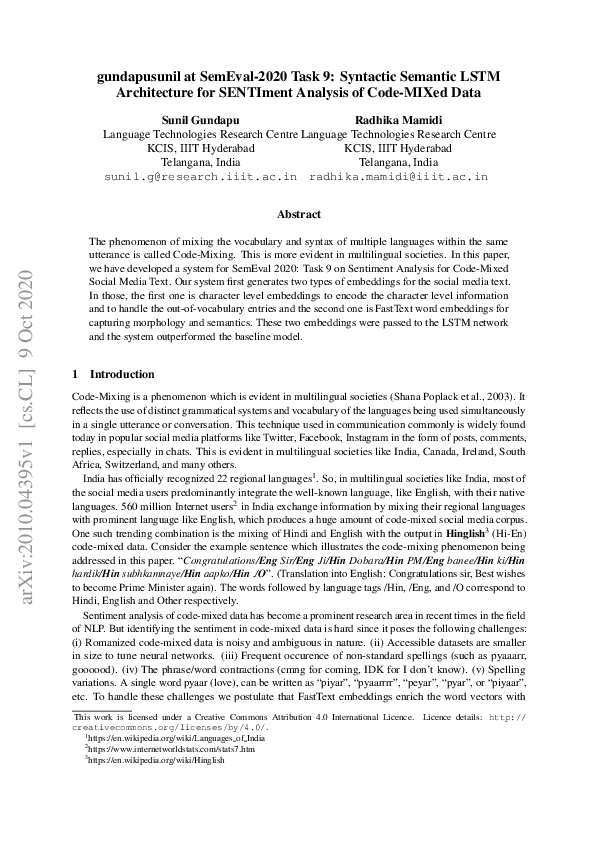 (PDF) gundapusunil at SemEval-2020 Task 9: Syntactic Semantic LSTM Architecture for SENTIment ...