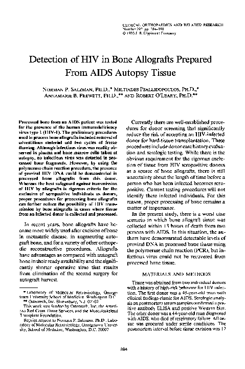 (PDF) Detection of HIV in Bone Allografts Prepared From AIDS Autopsy Tissue