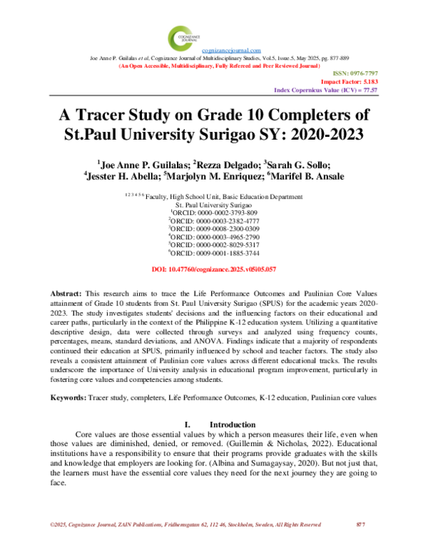 (PDF) A Tracer Study on Grade 10 Completers of St.Paul University ...