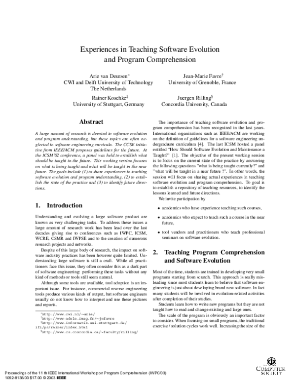 (PDF) Experiences in teaching software evolution and program comprehension