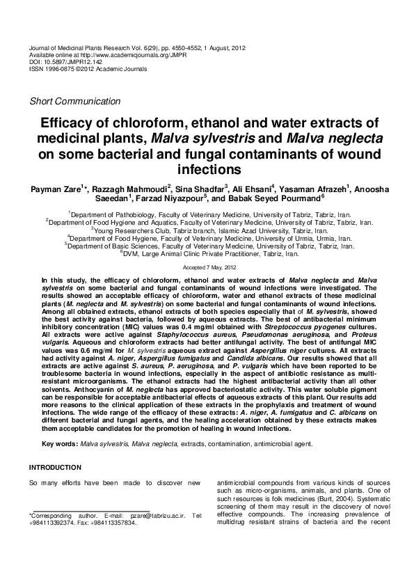 (PDF) Efficacy of chloroform, ethanol and water extracts of medicinal ...
