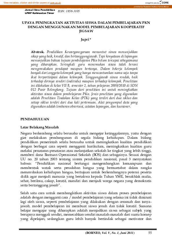 (PDF) Upaya peningkatkan aktivitas siswa dalam pembelajaran PKN dengan menggunakan model ...