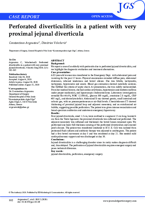 (PDF) Perforated diverticulitis in a patient with very proximal jejunal diverticula