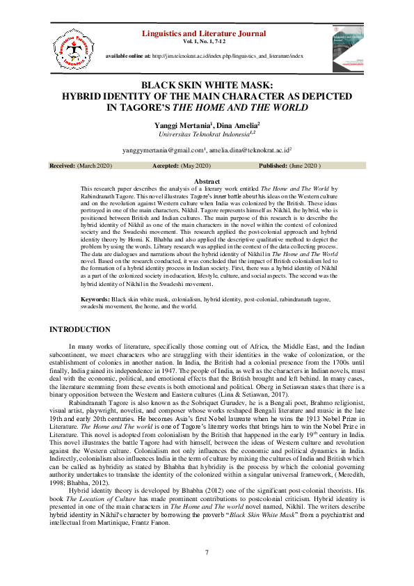 (PDF) Black Skin White Mask: Hybrid Identity of the Main Character as ...
