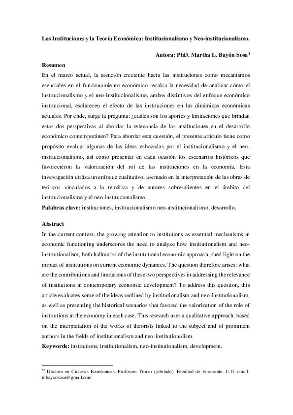 (PDF) Las Instituciones y la Teoría Económica: Institucionalismo y Neo ...