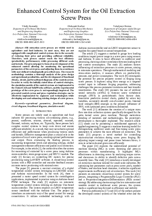 (PDF) Enhanced Control System for the Oil Extraction Screw Press