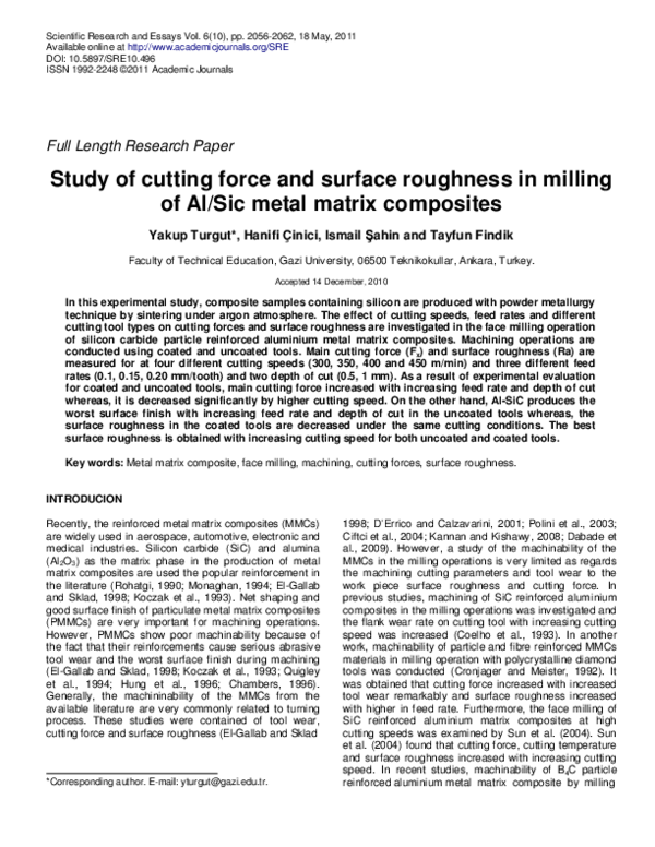 (PDF) Study of cutting force and surface roughness in milling of Al/Sic ...