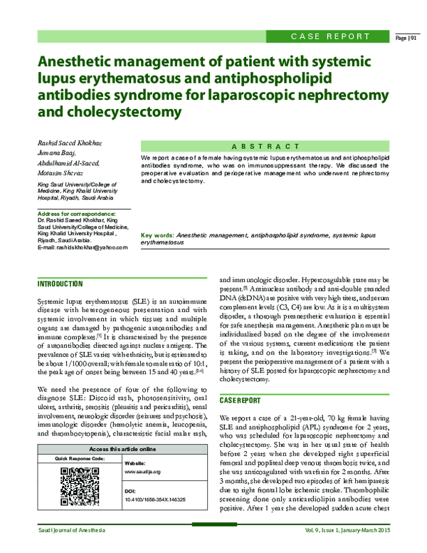 (PDF) Anesthetic management of patient with systemic lupus ...