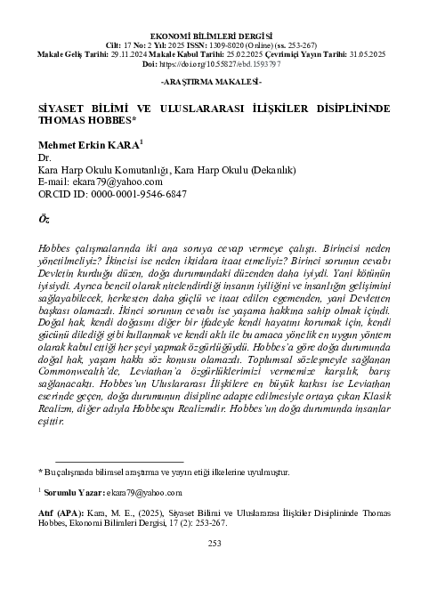 (PDF) SİYASET BİLİMİ VE ULUSLARARASI İLİŞKİLER DİSİPLİNİNDE THOMAS HOBBES