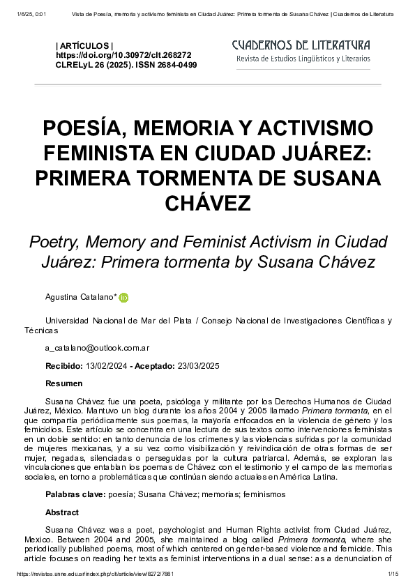 (PDF) Poesía, memoria y activismo feminista en Ciudad Juárez: Primera ...
