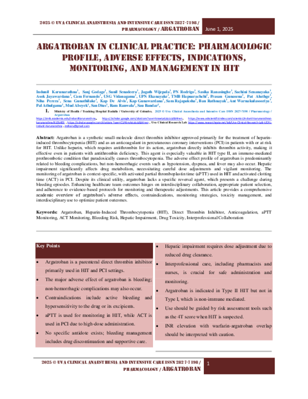 (PDF) Argatroban in Clinical Practice Pharmacologic Profile, Adverse ...