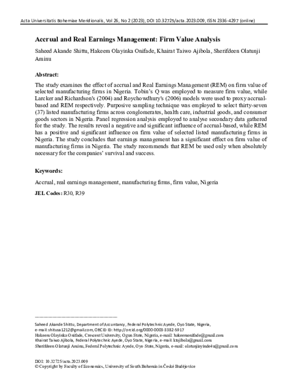 (PDF) Accrual and Real Earnings Management: Firm Value Analysis