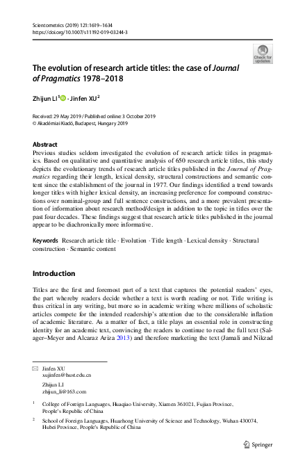 (PDF) The evolution of research article titles: the case of Journal of ...