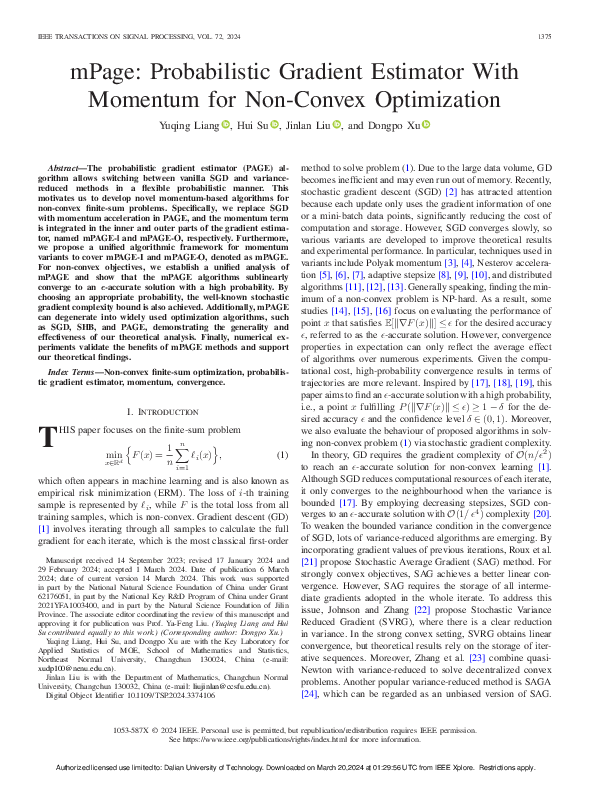 (PDF) mPage: Probabilistic Gradient Estimator With Momentum for Non-Convex Optimization
