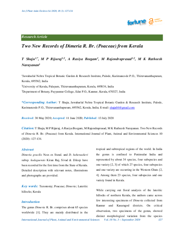 (PDF) Two New Records of Dimeria R. Br. (Poaceae) from Kerala
