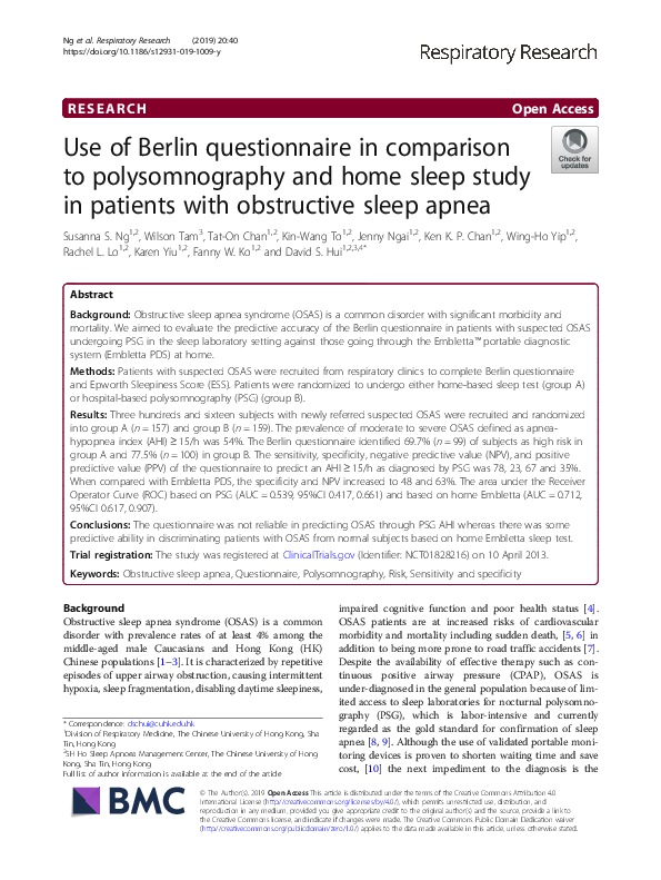 (PDF) Use of Berlin questionnaire in comparison to polysomnography and ...