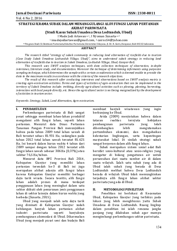 (PDF) STRATEGI KRAMA SUBAK DALAM MENANGGULANGI ALIH FUNGSI LAHAN PERTANIAN AKIBAT PARIWISATA ...