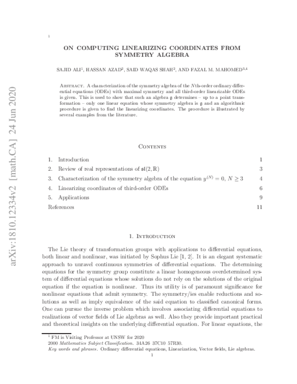 (PDF) On Computing Linearizing Coordinates from Symmetry Algebra