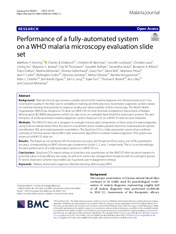 (PDF) Performance of a fully‐automated system on a WHO malaria microscopy evaluation slide set