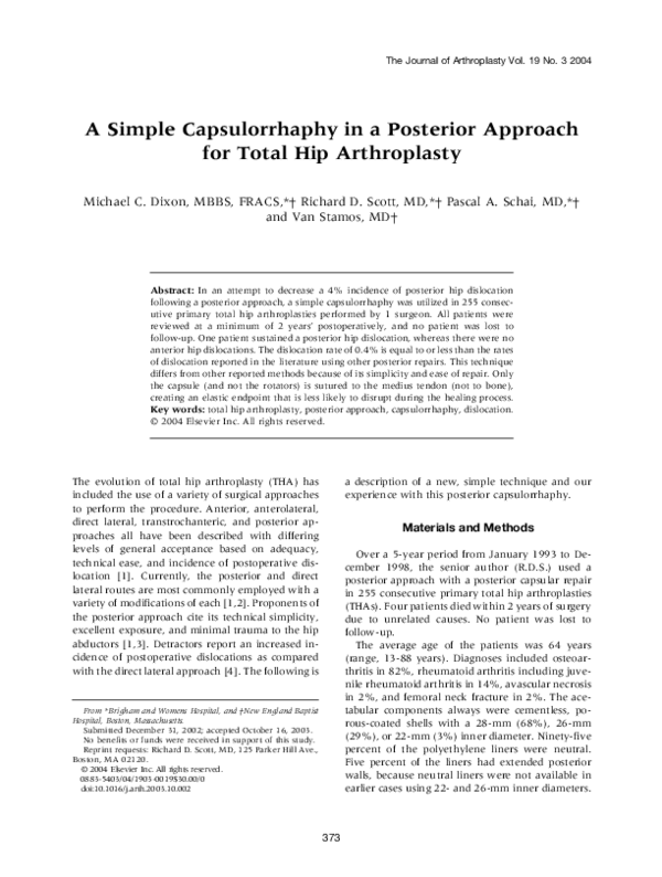 (PDF) A simple capsulorrhaphy in a posterior approach for total hip ...