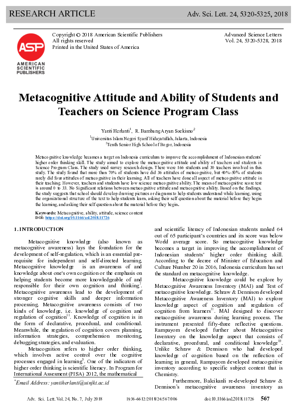 (PDF) Metacognitive Attitude and Ability of Students and Teachers on ...