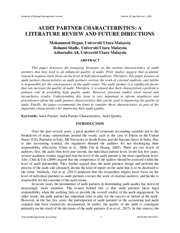 (PDF) Audit Partner Characteristics: A Literature Review and Future Directions