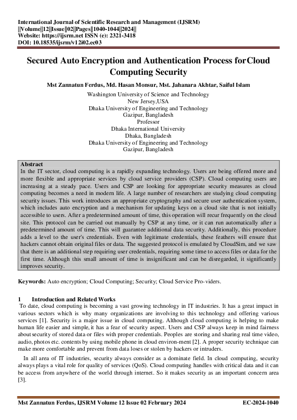 Pdf Secured Auto Encryption And Authentication Process For Cloud
