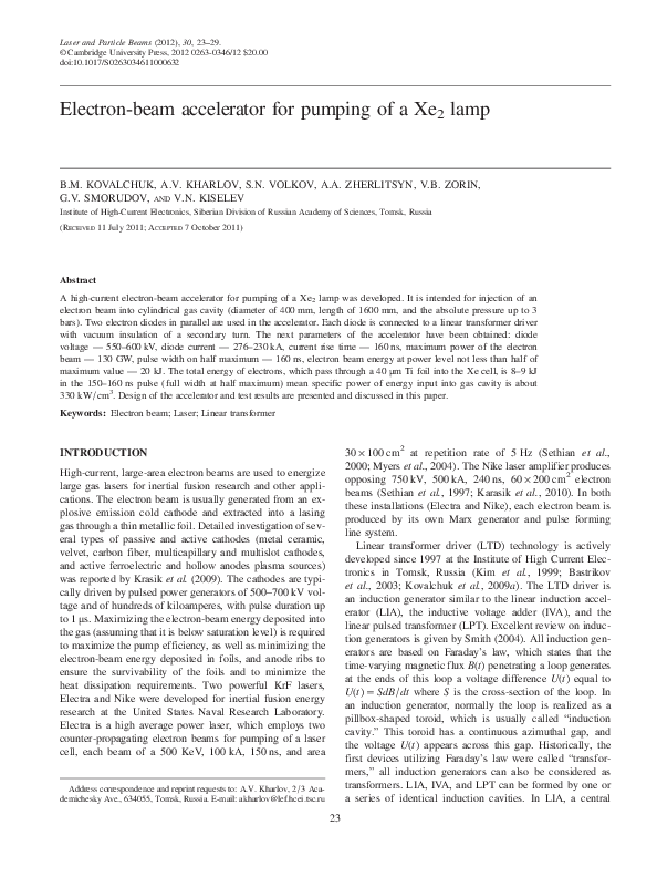 (PDF) Electron-beam accelerator for pumping of a Xe2 lamp