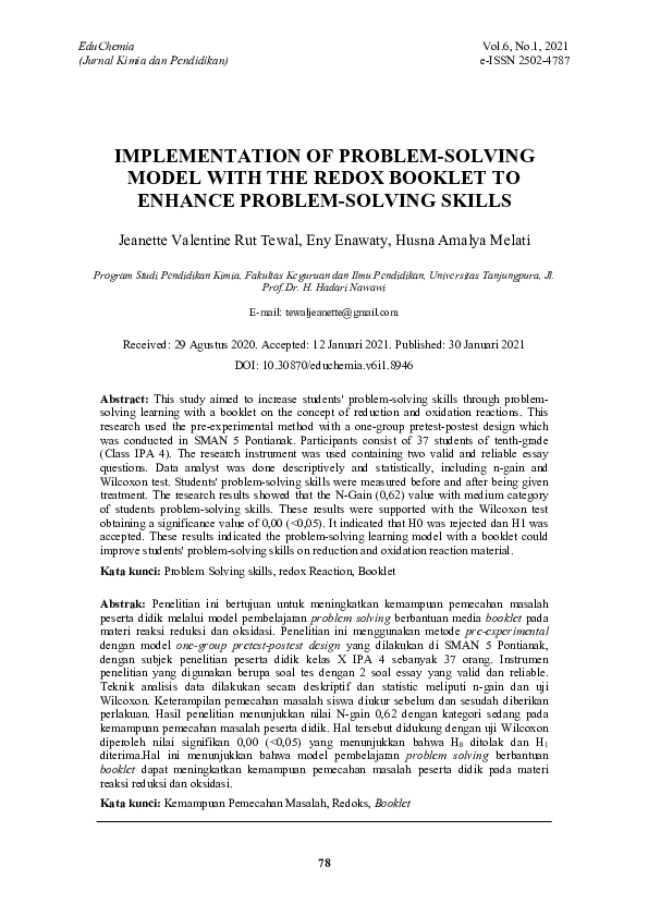 (PDF) Implementation of Problem-Solving Model with The Redox Booklet to Enhance Problem-Solving ...