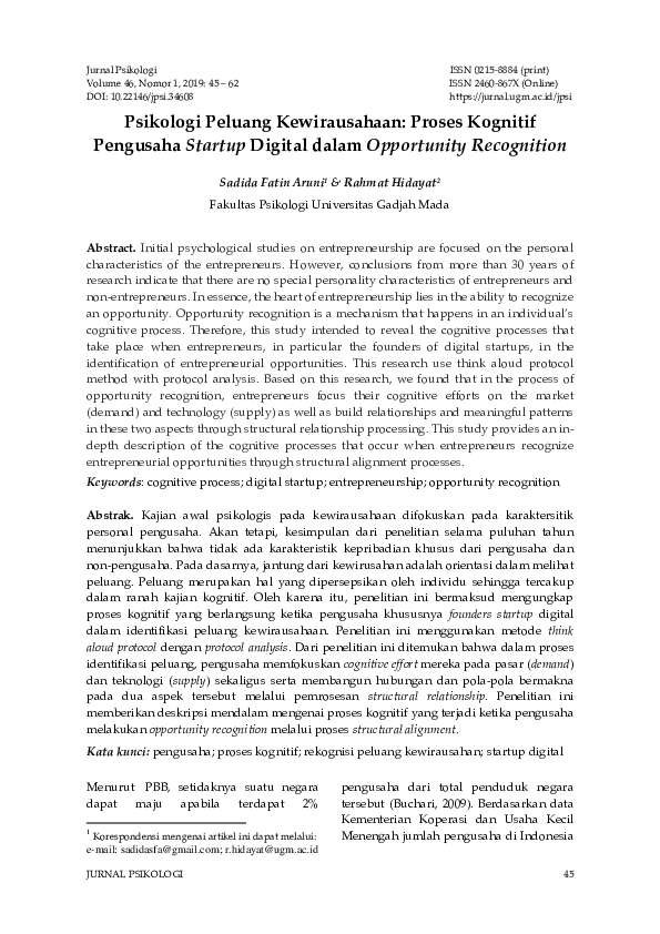 (PDF) Psikologi Peluang Kewirausahaan: Proses Kognitif Pengusaha Startup Digital dalam ...