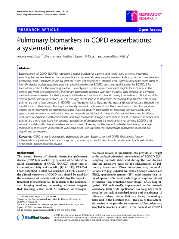 (PDF) Pulmonary biomarkers in COPD exacerbations: a systematic review