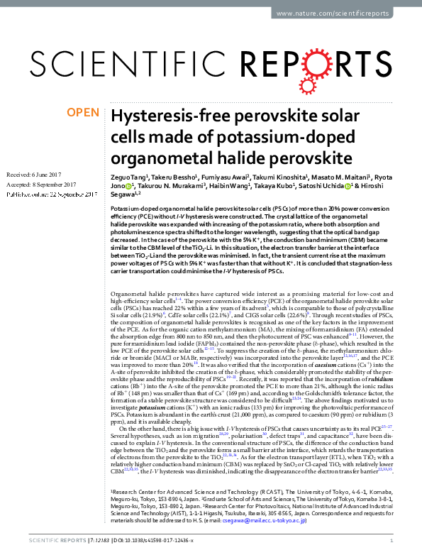 (PDF) Hysteresis-free perovskite solar cells made of potassium-doped organometal halide perovskite