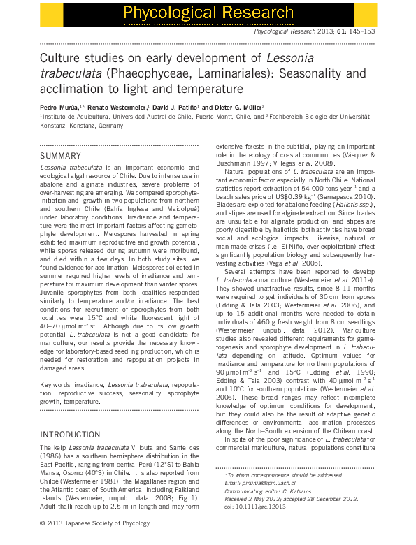 (PDF) Culture studies on early development of Lessonia trabeculata ...