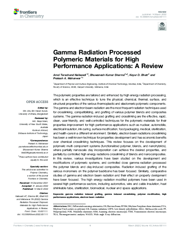 (PDF) Gamma Radiation Processed Polymeric Materials for High Performance Applications: A Review