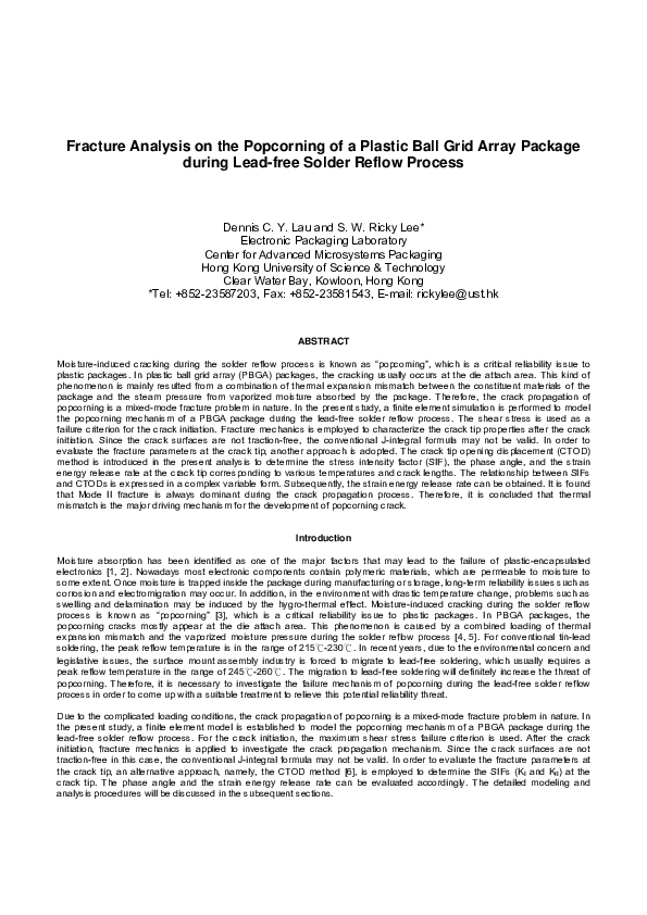 (PDF) Fracture Analysis on the Popcorning of a Plastic Ball Grid Array ...