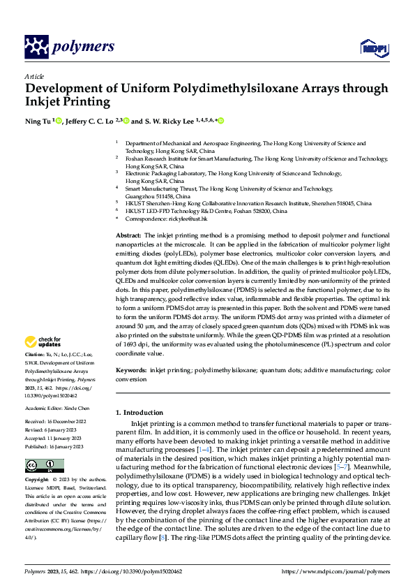 (PDF) Development of Uniform Polydimethylsiloxane Arrays through Inkjet ...