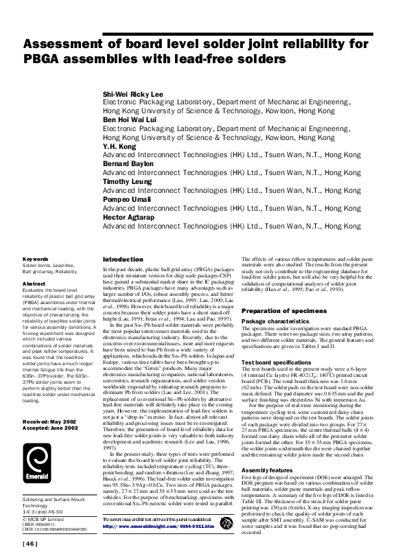 (PDF) Assessment of board level solder joint reliability for PBGA ...