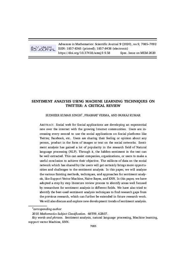 (PDF) Sentiment Analysis Using Machine Learning Techniques on Twitter: A Critical Review