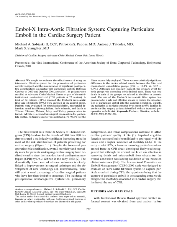 (PDF) Embol-X Intra-Aortic Filtration System: Capturing Particulate ...
