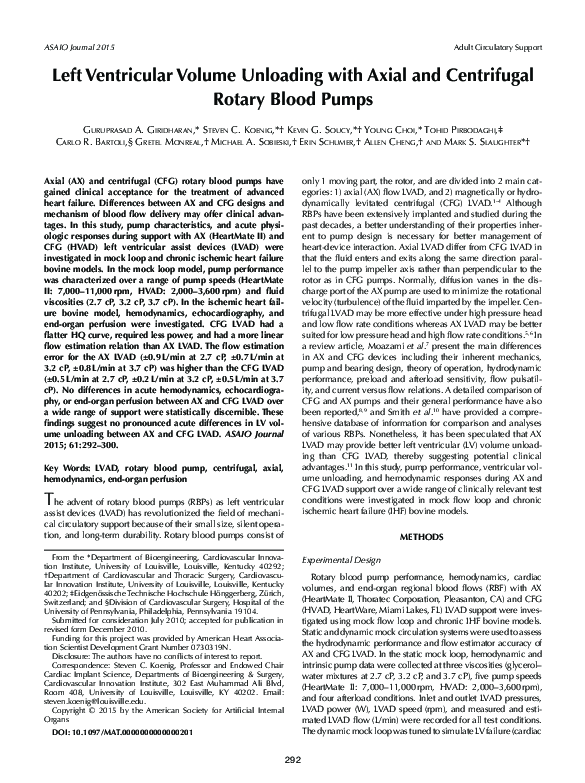 (PDF) Left Ventricular Volume Unloading with Axial and Centrifugal ...