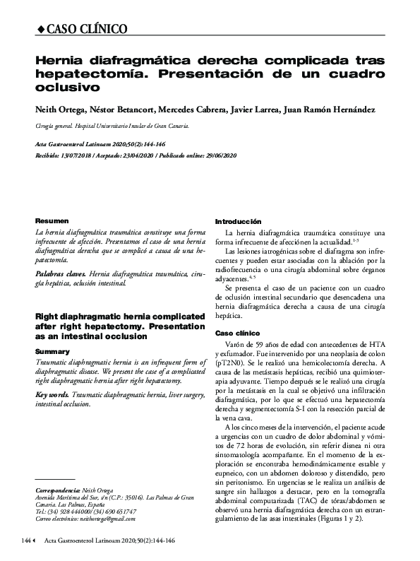 (PDF) Hernia diafragmática derecha complicada tras hepatectomía. Presentación de un cuadro oclusivo