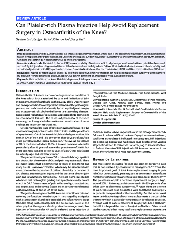 (PDF) Can Platelet-rich Plasma Injection Help Avoid Replacement Surgery ...