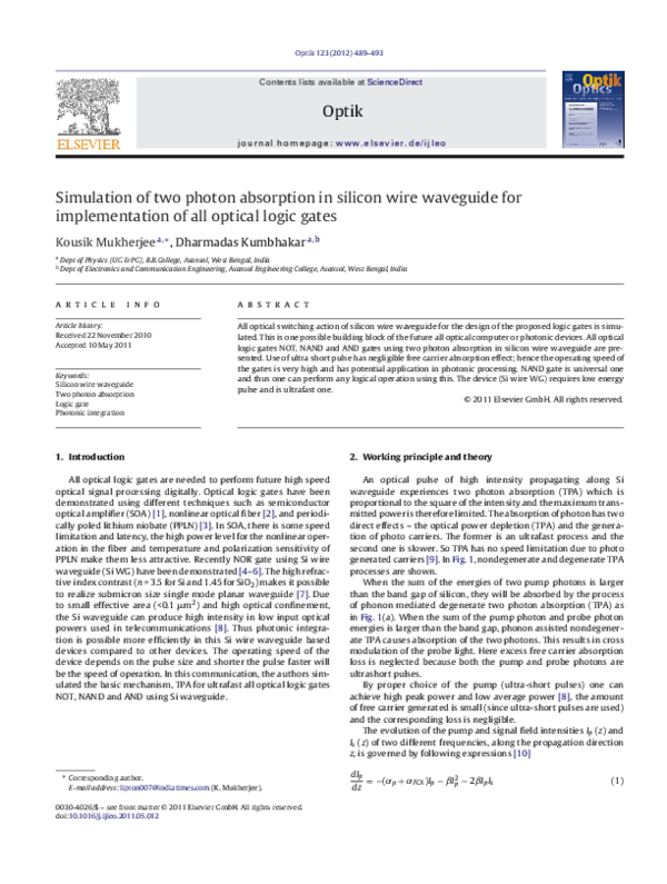 (PDF) Simulation of two photon absorption in silicon wire waveguide for ...