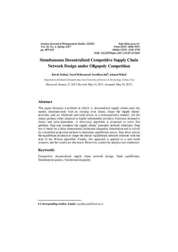 (PDF) Simultaneous Decentralized Competitive Supply Chain Network ...