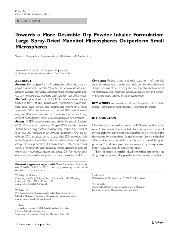 (PDF) Towards a More Desirable Dry Powder Inhaler Formulation: Large ...