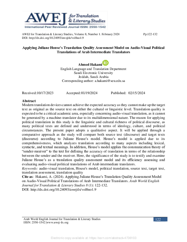 (PDF) Applying Juliane House's Translation Quality Assessment Model on ...
