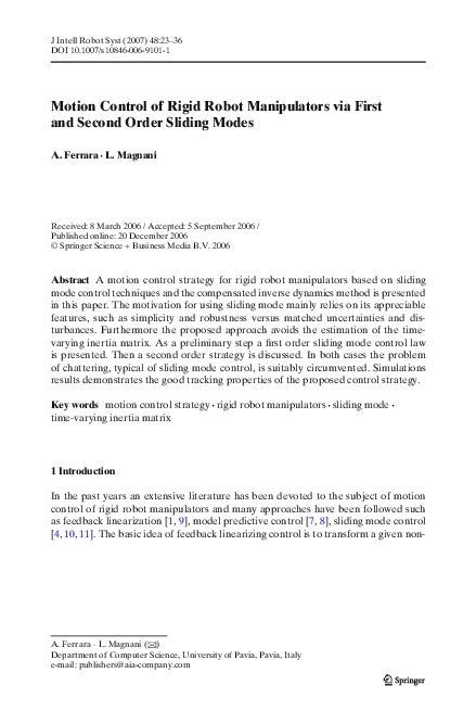 (PDF) Motion Control of Rigid Robot Manipulators via First and Second ...