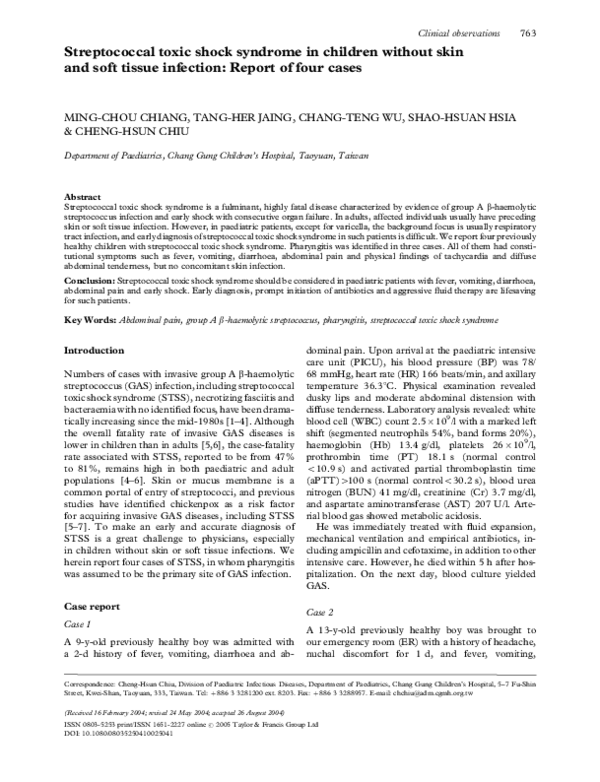 (PDF) Streptococcal toxic shock syndrome in children without skin and ...